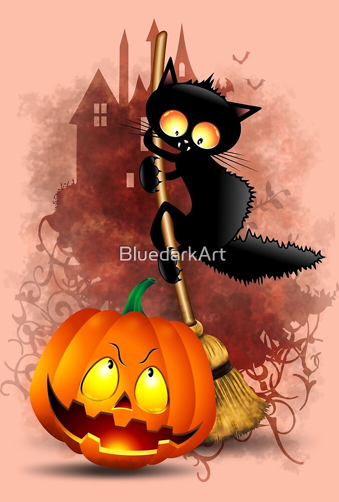 "Cat Fun Halloween Character scared by a Pumpkin " by BluedarkArt ...