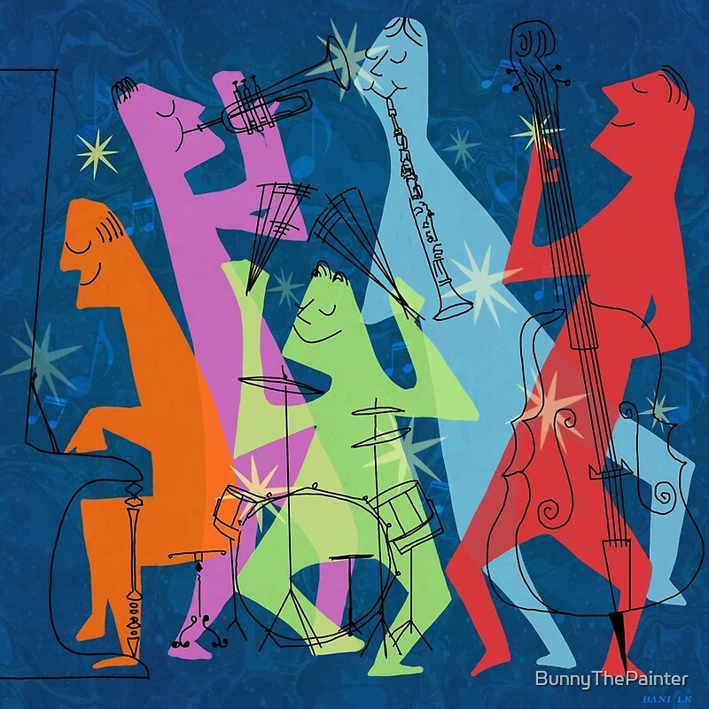 "Midcentury New Orleans Jazz Quintet" by BunnyThePainter | Redbubble