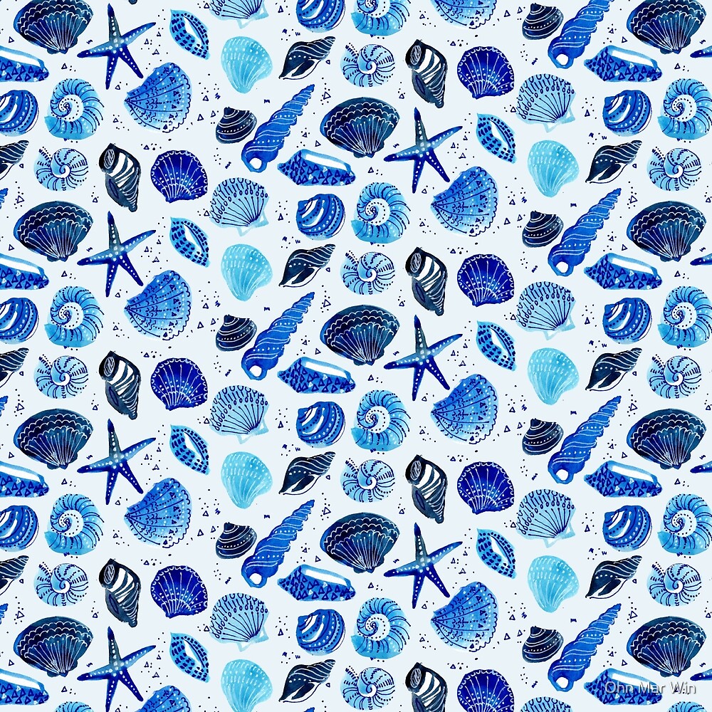 "Blue seashells pattern in watercolour and pen" by Ohn Mar Win | Redbubble