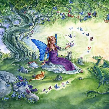 "Ericka's Fairy Friends - Fairy, cat and dragon" Sticker for Sale by ...