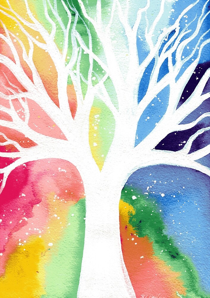 "Beneath the wild sky - white tree rainbow sky painting by klbaileyart ...