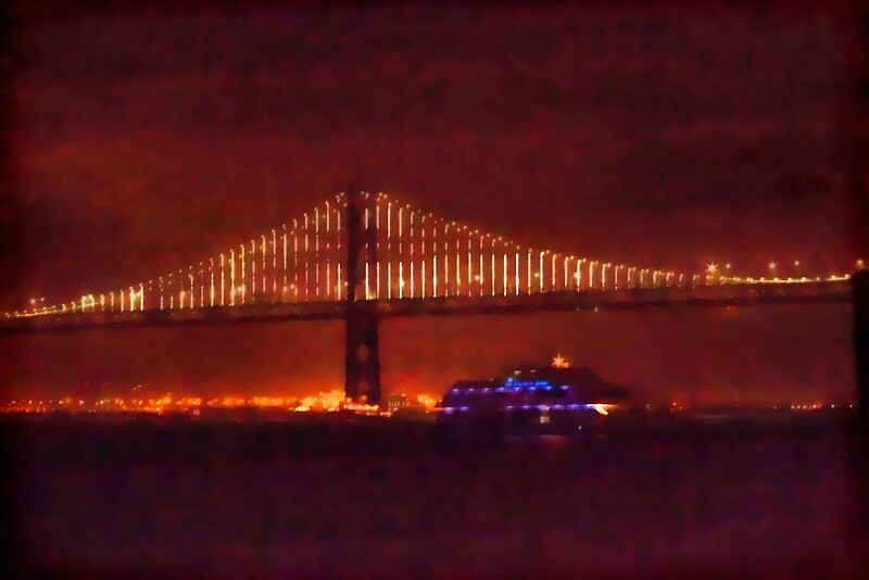 "Bay Bridge at Night with Ferry" by Bonnie M. Follett | Redbubble