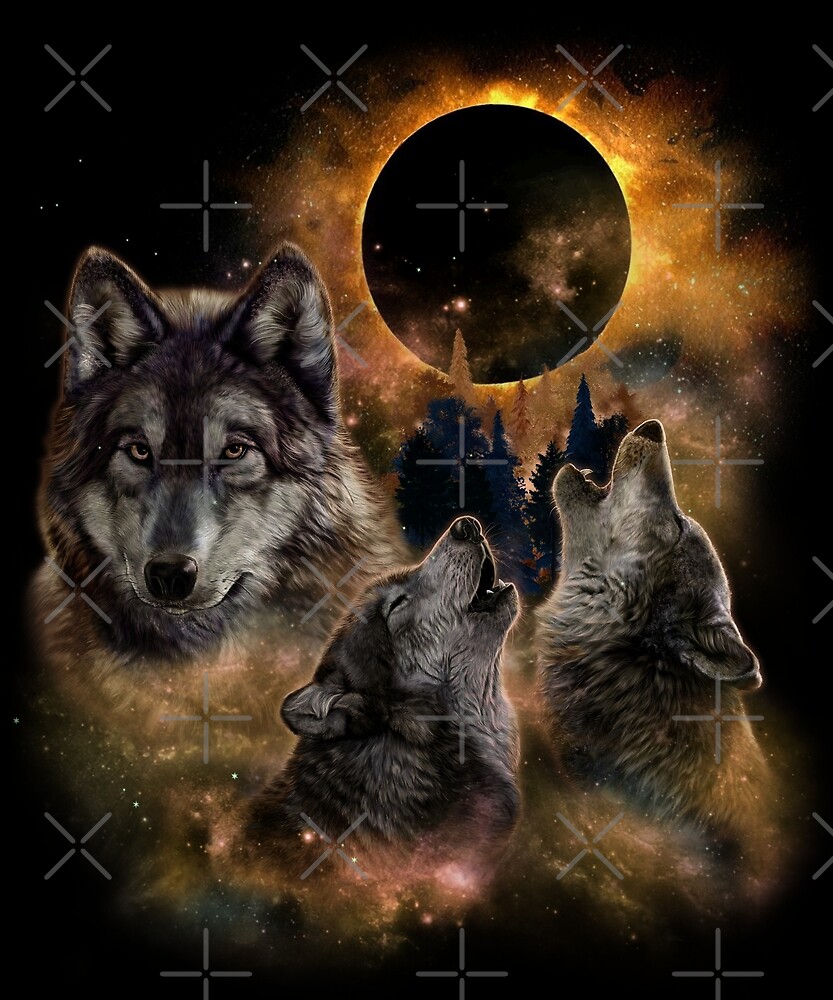 "Three Wolves and Solar Eclipse, Forest Silhouette Wolf" by Fox ...