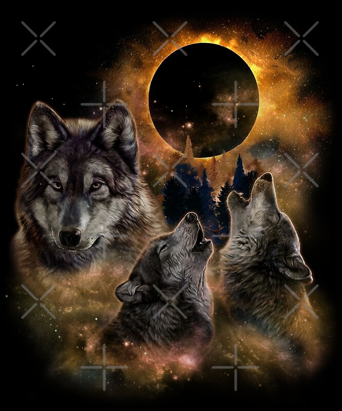 "Three Wolves and Solar Eclipse, Forest Silhouette Wolf" by Fox ...