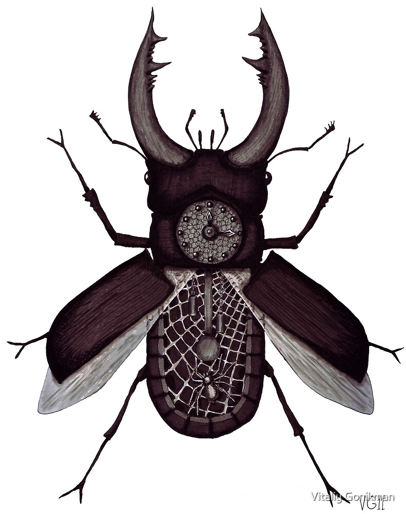 "Stag beetle clock surreal black and white pen ink drawing" by Vitaliy ...