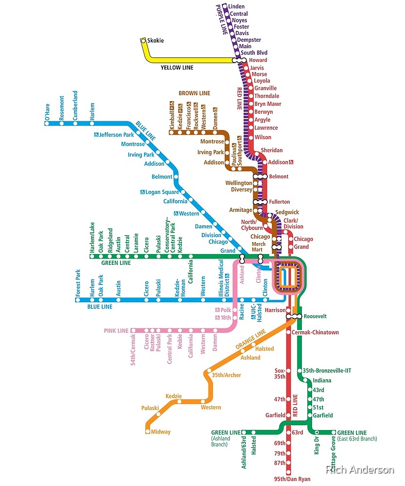 "Chicago Trains Map" by Rich Anderson | Redbubble