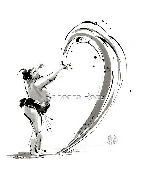 "Sumo #8 - Shubatsu ink wash painting on paper" by Rebecca Rees | Redbubble