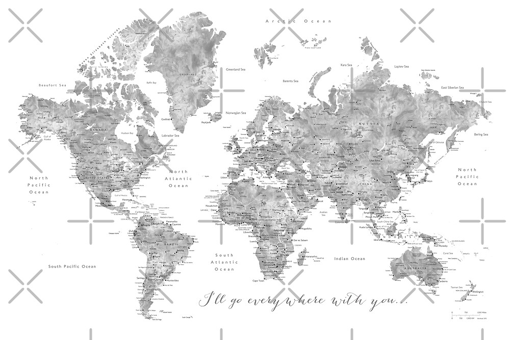"Gray watercolor detailed world map "Everywhere with you"" by blursbyai ...