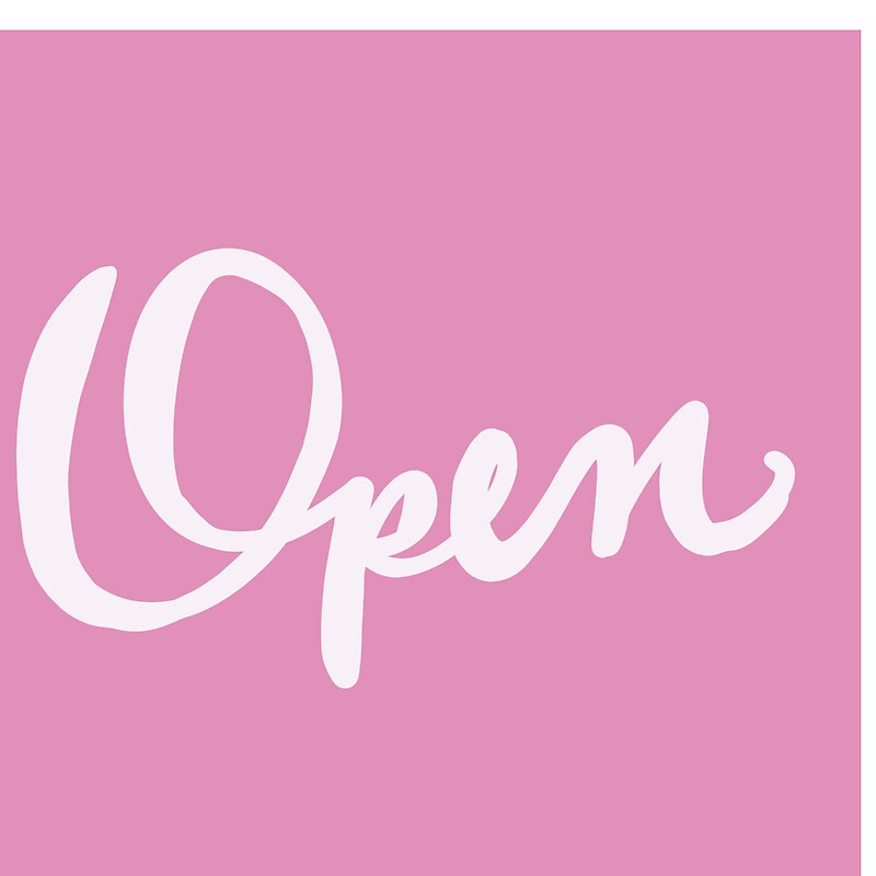 "Open sign pink background white writing " by Antique-Gifts | Redbubble