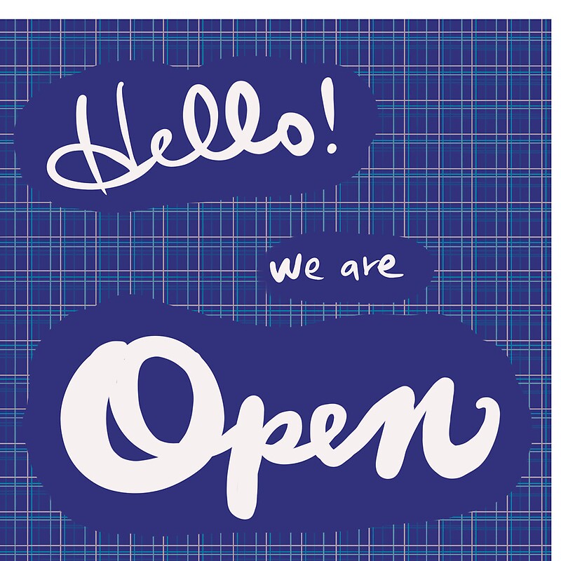 "Hello We are open sign store board shop blue small business" by ...