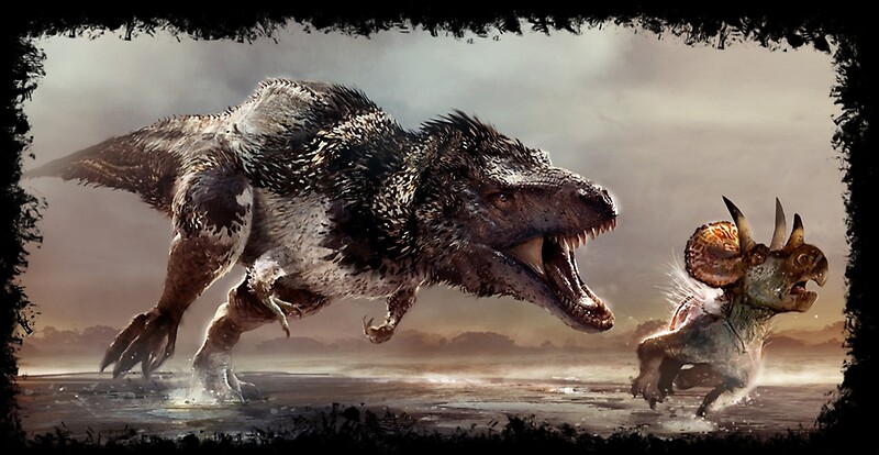 "Feathered T-Rex Chasing Trieceratops" by AssetMagpie | Redbubble