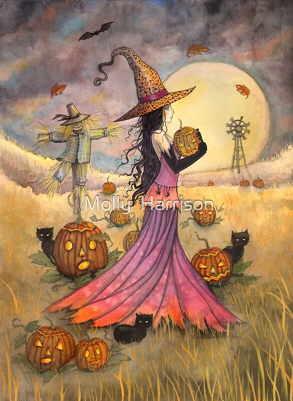 "October Fields Halloween Witch and Scarecrow Fantasy Art" by Molly ...