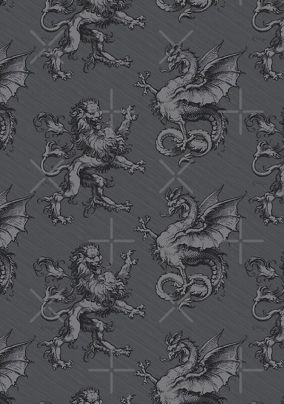 "Medieval Heraldry - Cockatrice vs. Lion Pattern - Grey" by ...
