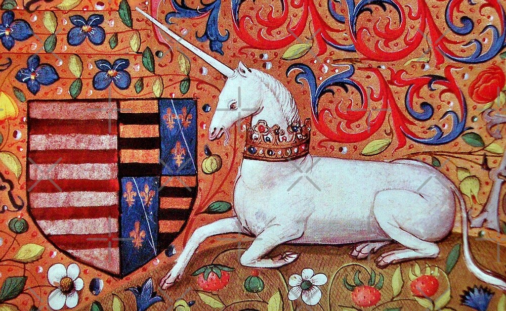 "UNICORN WITH RED BLUE WHITE FLORAL MOTIFS Medieval Miniature" by ...