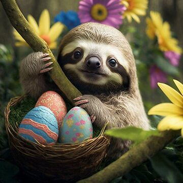 "Easter Sloth in Springtime with Eggs and Basket" Sticker for Sale by ...