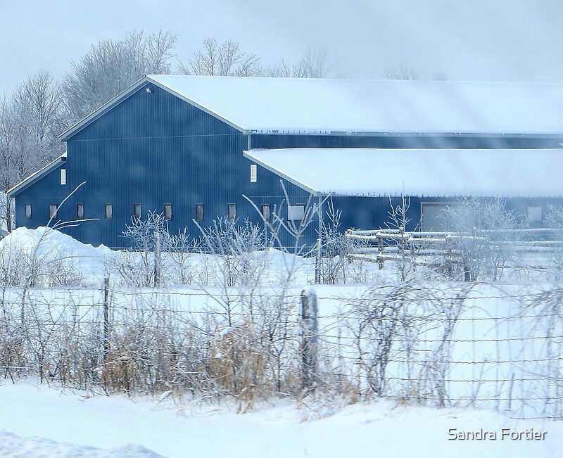 "Blue Barn in the Snow" by Sandra Fortier | Redbubble