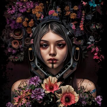 "very beautiful flower girl with flowers in the head , modern mechanic ...