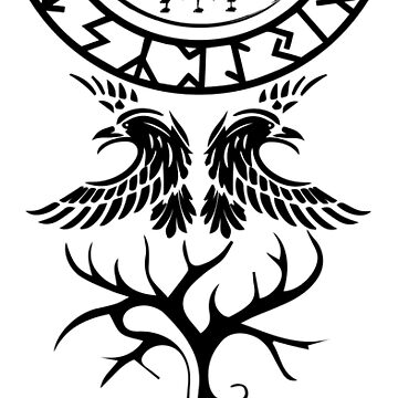 "Yggdrasil with ravens, rune circle and vegvisir" Sticker by ...