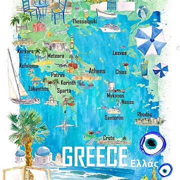"Greece Illustrated Travel Map in Mediterranean Aegean Adriatic Seas ...