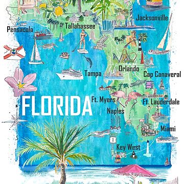 "Florida USA Illustrated State Map with Roads and Tourist Highlights ...