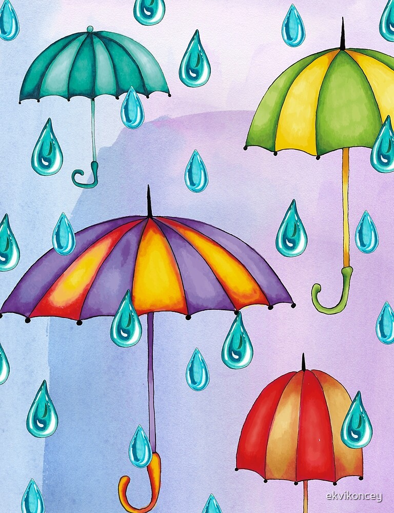 Watercolor Umbrellas With Raindrops On A Blue Background By