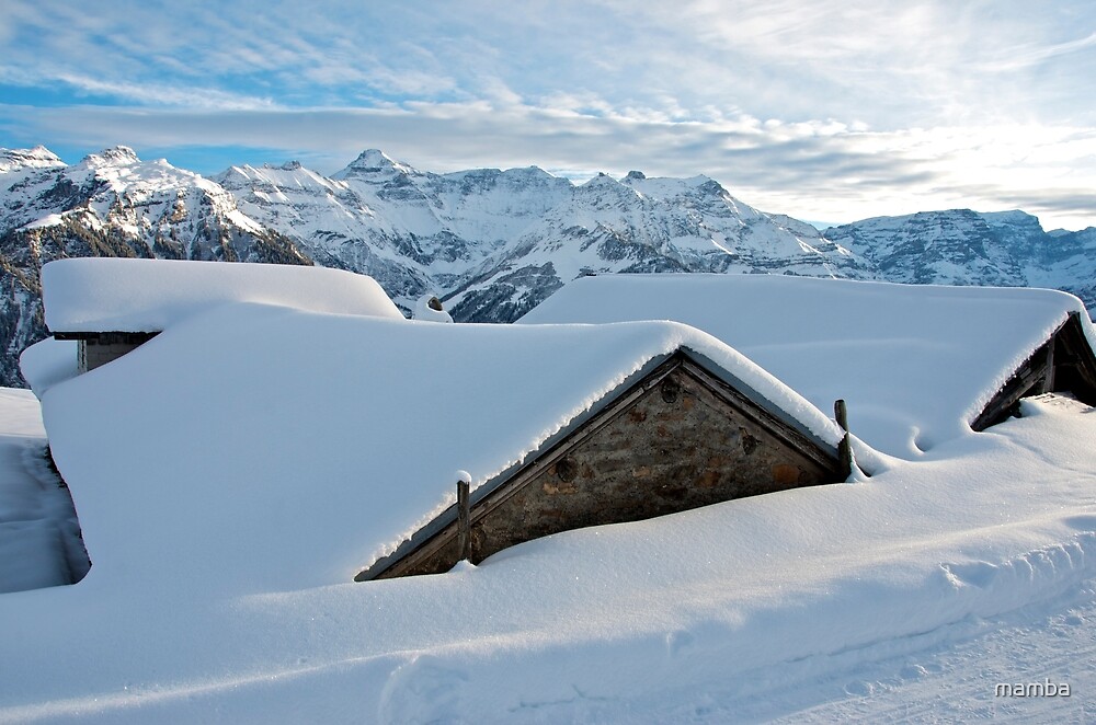 "Snowed in Alpine barns" by mamba | Redbubble
