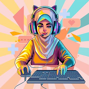"Muslim girl gamer or streamer with cat ears headset sits in front of a ...