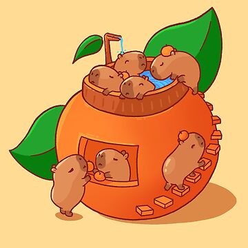 "cute capybara art, capybaras in a yuzu onsen bath, bathing with ...