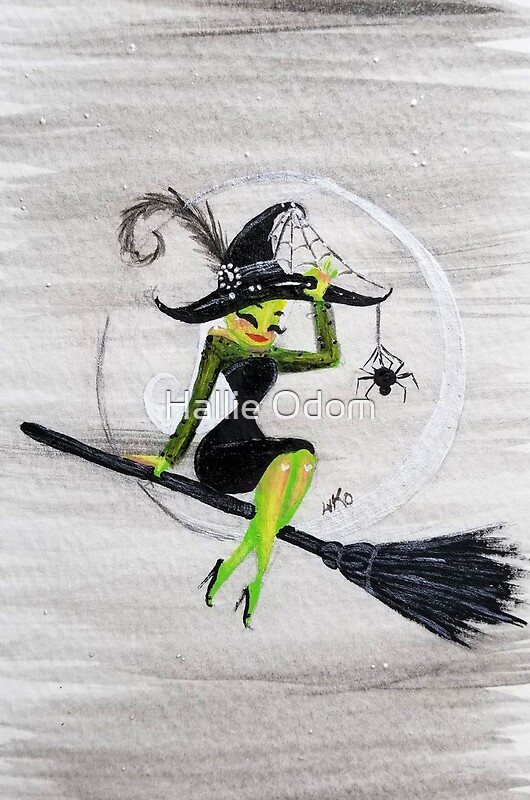 "Happy Halloween Witch Sitting on a Broom" by Hallie Odom | Redbubble