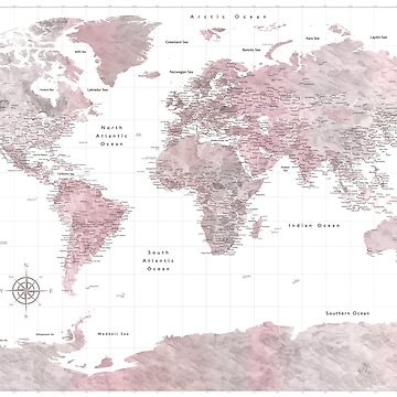 "Dusty pink watercolor world map with cities and Antarctica, Aviva ...