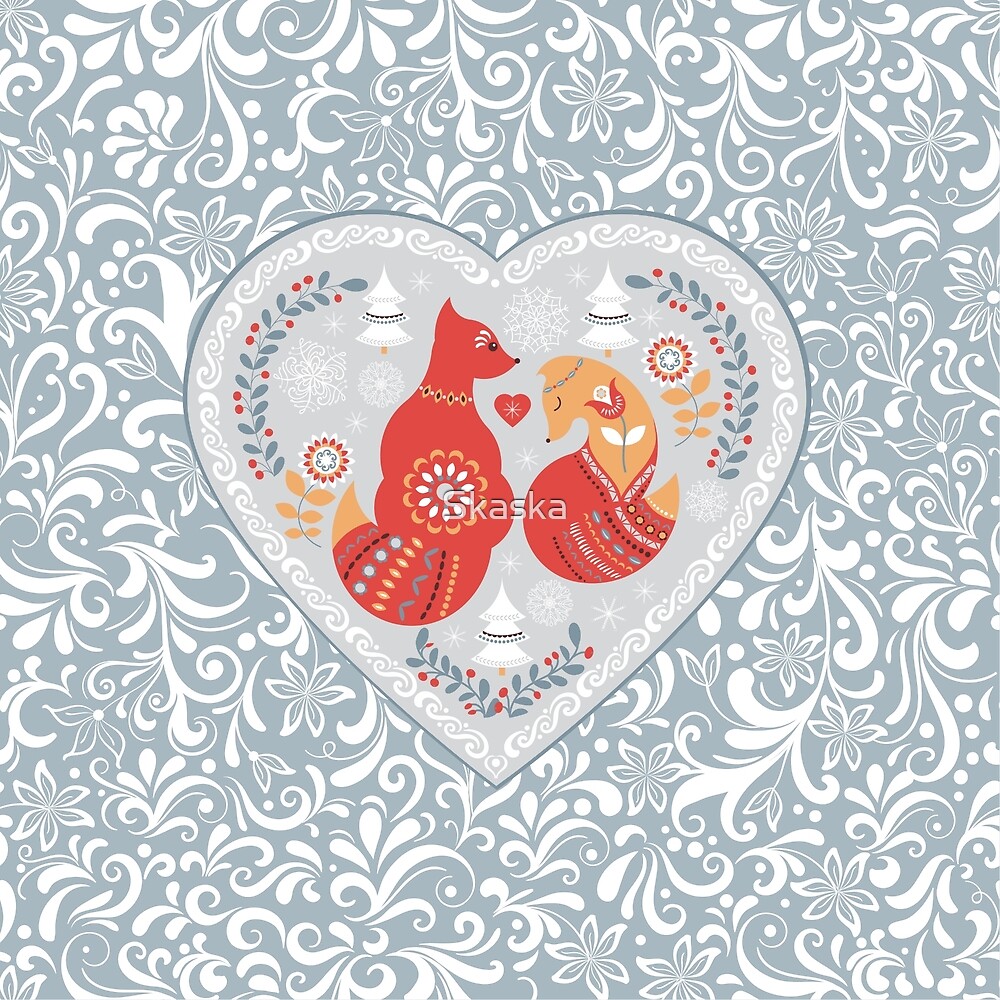 "Scandinavian cute folk pattern with fox and flowers. Patterned heart ...