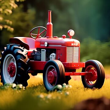"Retro old tractor massy red color 3d game, green environment ...