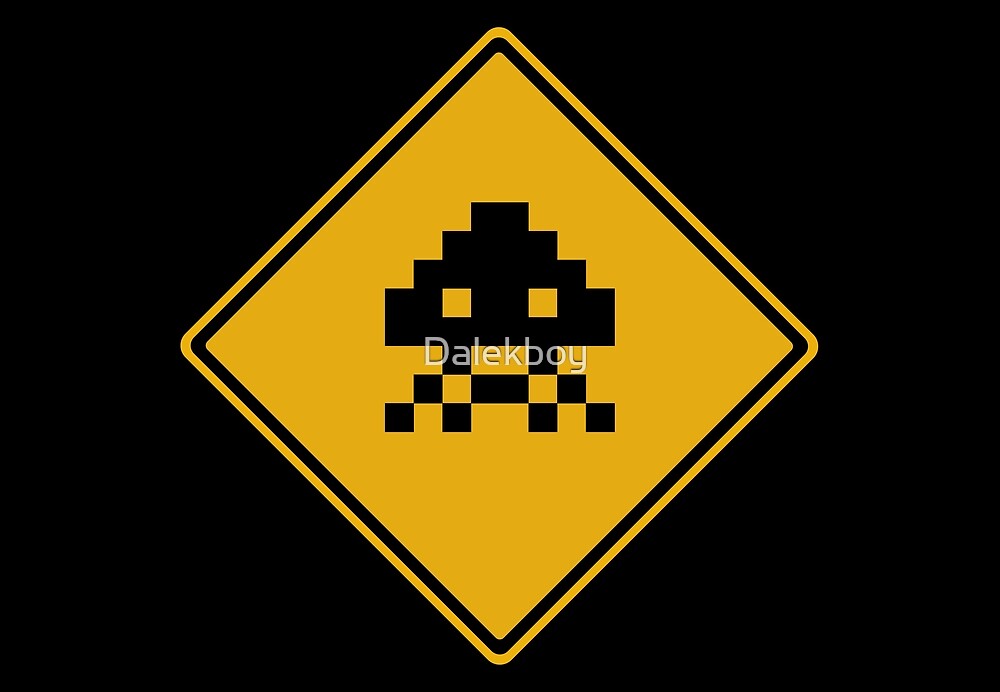 "Pixelised Invader 03 Silhouette Road Sign" by Dalekboy | Redbubble