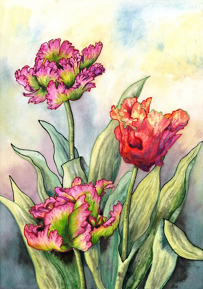 "Parrot Tulips (watercolour and mixed media on paper)" by Lynne ...