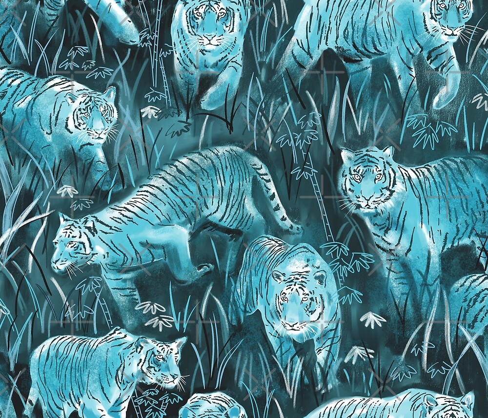 "Tigers in the Moonlight in Shades of Dark Teal Blue" by vinpauld ...