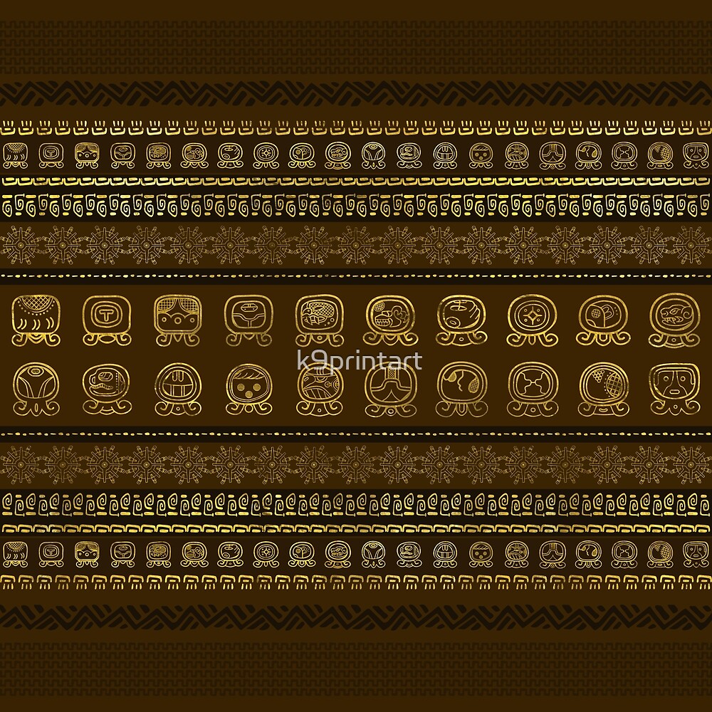 "Maya Calendar Glyphs pattern Gold on Brown" by k9printart | Redbubble