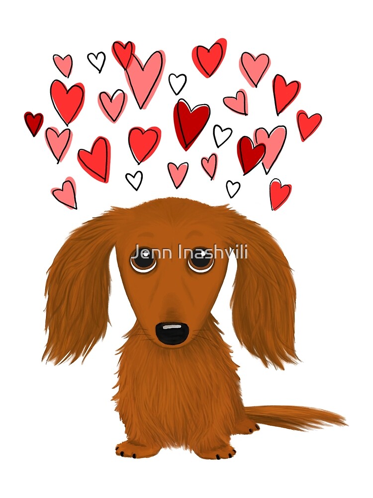 "Cute Longhaired Red Dachshund Cartoon Dog with Hearts" by Jenn ...