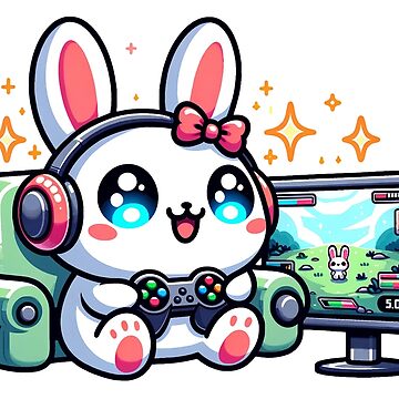 "Pixel Paws: Kawaii Bunny Hopping Through Gaming Adventures" Sticker ...