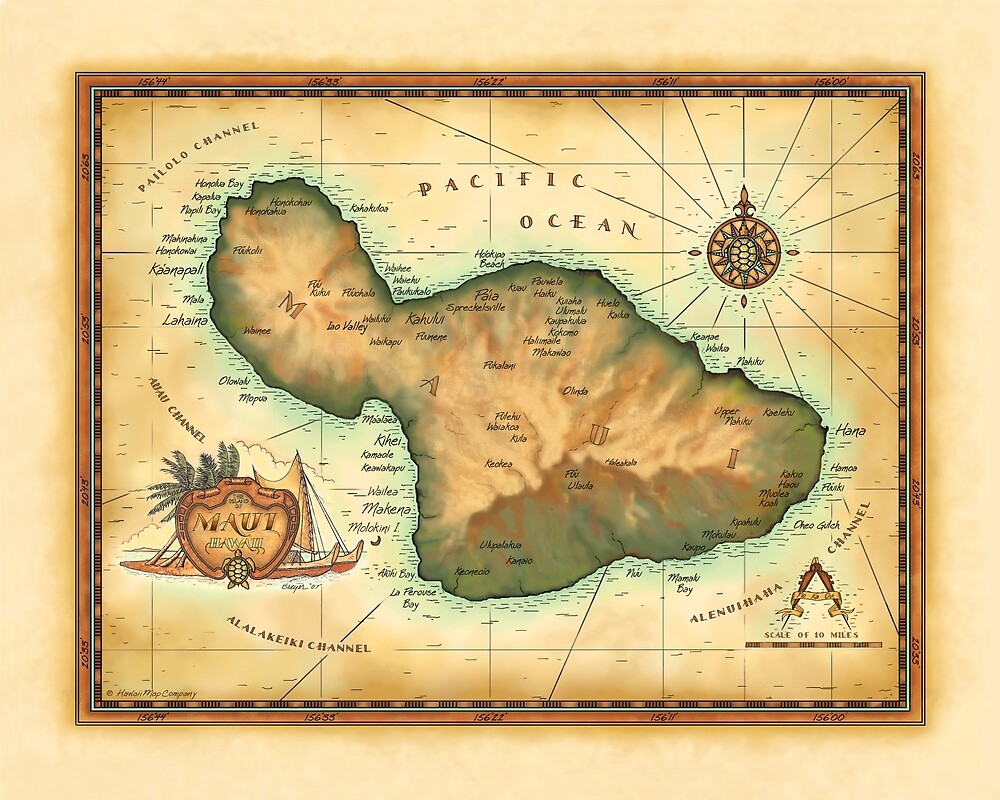 "Vintage style Map of Maui Hawaii" by Steve Breyer | Redbubble