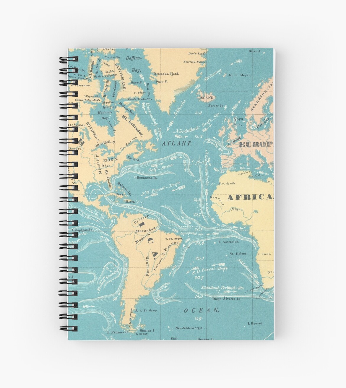 "Vintage Map of The World (1845)" Spiral Notebook by BravuraMedia ...