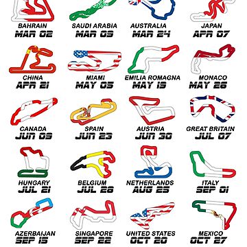 "Calendar Formula race cars 2024 circuits colors white v2" Poster for ...