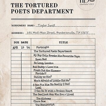 "Tortured Poets Department Library Card - Tracklist" Poster for Sale by ...