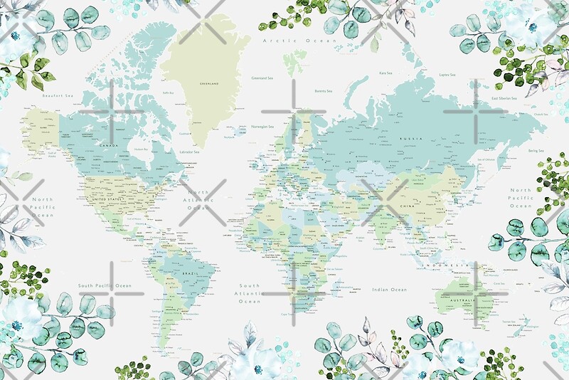 "Greenery mint and blue detailed world map with cities" by blursbyai ...