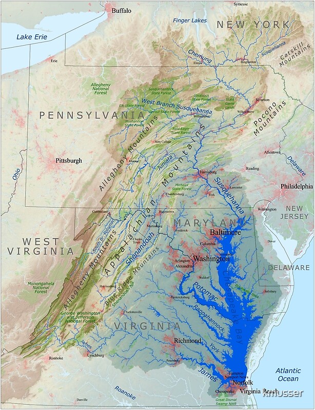 "Chesapeake Bay Watershed Map - Labeled" by kmusser | Redbubble