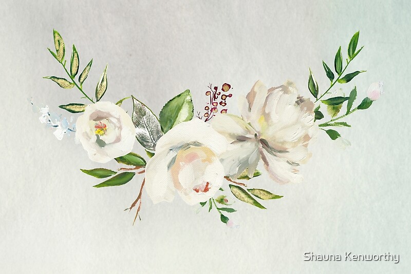 "Cream watercolor flowers on cream and green background" by Shauna ...