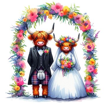 "Bride and Groom Highland Cows on Wedding Day Colorful Watercolor ...