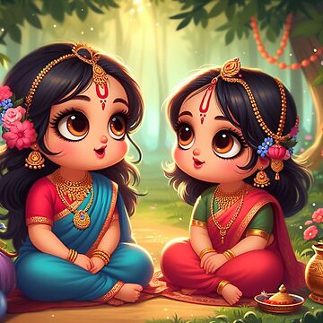 "Cute Baby Radha Rani Talking with Friend in Vrindavan Forest" Sticker ...