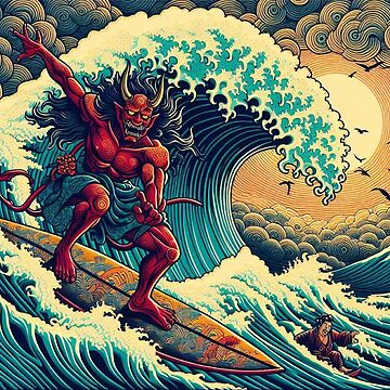 "Surfing Oni on a Tsunami Tidal Wave" Sticker for Sale by DQbd | Redbubble