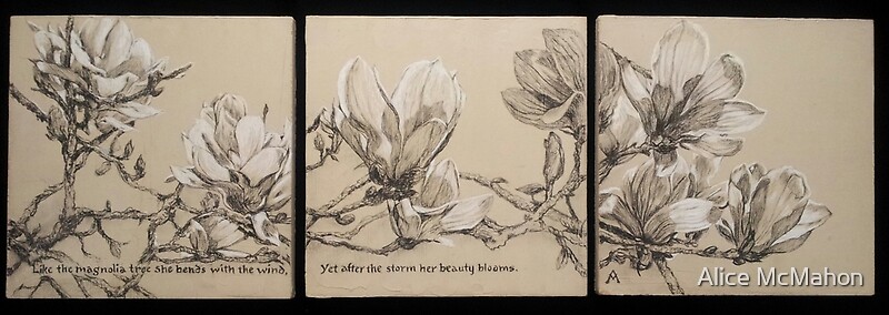 "Magnolia Charcoal Drawing Triptych" by Alice McMahon | Redbubble