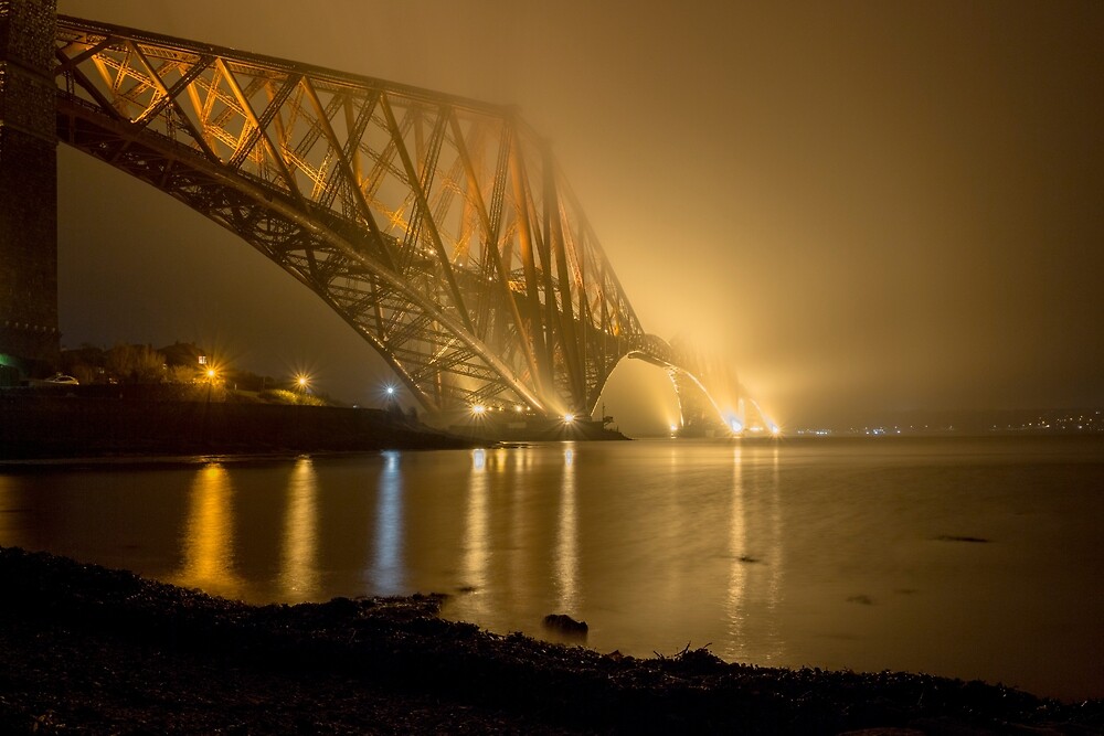 "Forth bridge shrouded in fog at night (colour edition)" by ...